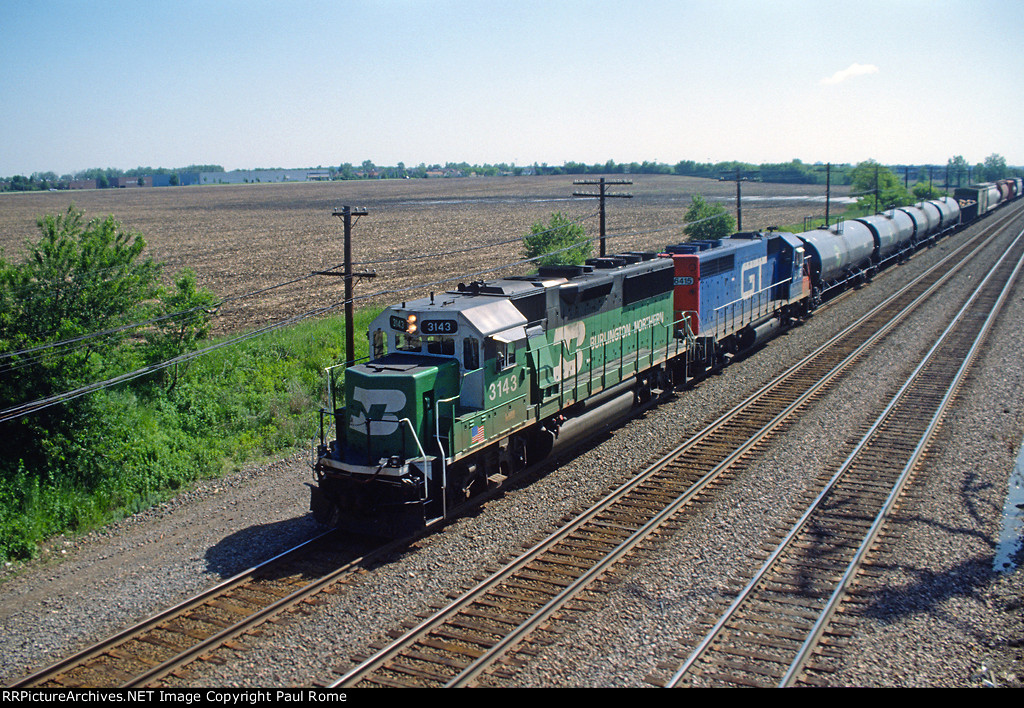 BN 3143, EMD GP50, with a westbound manifest train